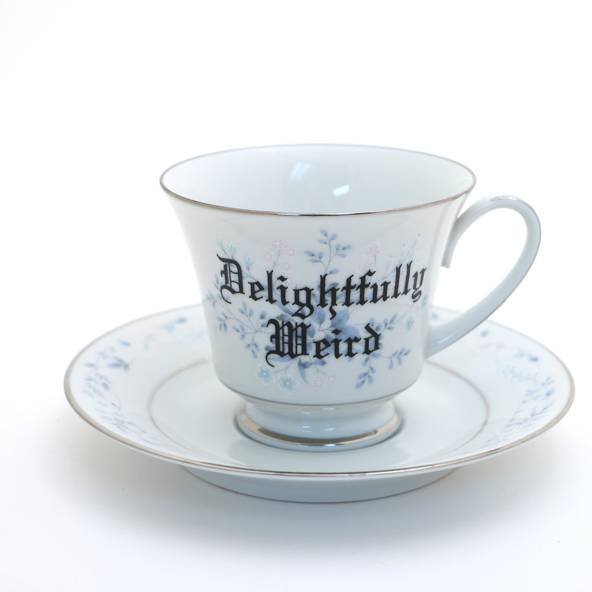 Vintage tea cup and saucer set, Delightfully Weird, upcycled set – LennyMud