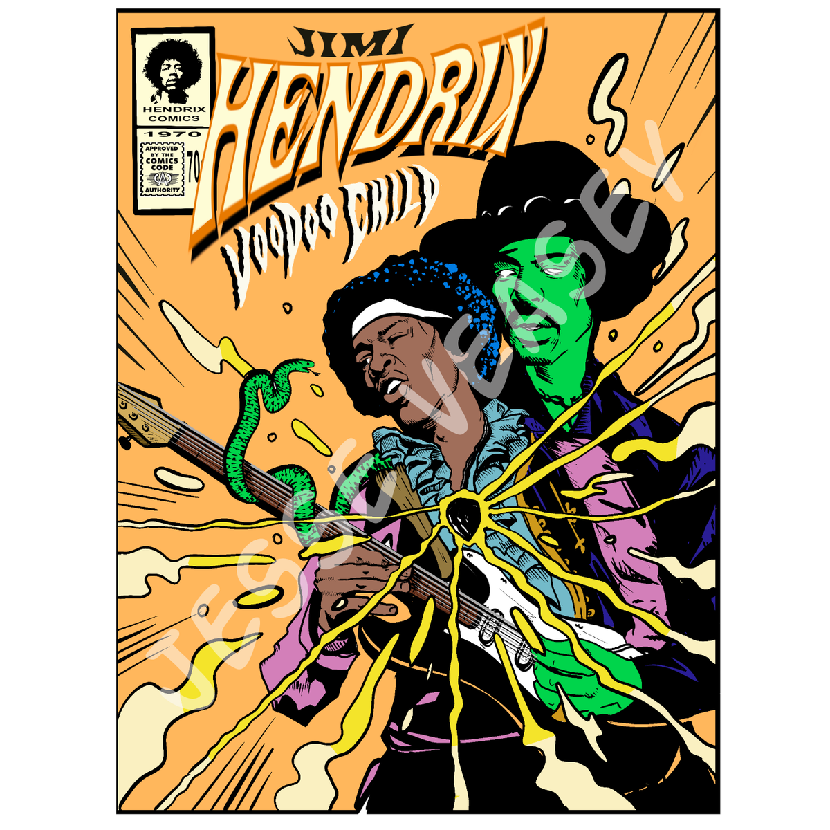 Jimi Hendrix Print, fake comic book cover, original art by Jesse Vease ...